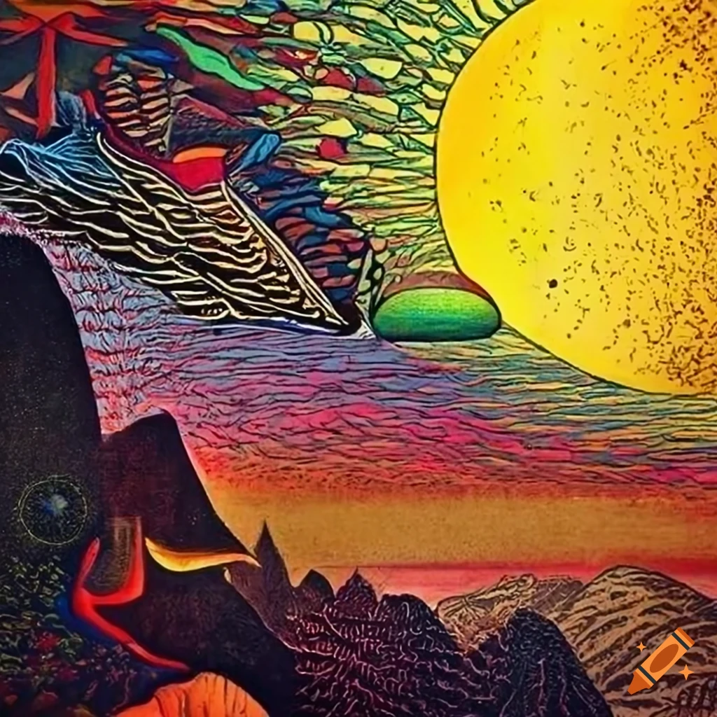 Acid mountain landscape with hawks in a surrealistic science fiction ...