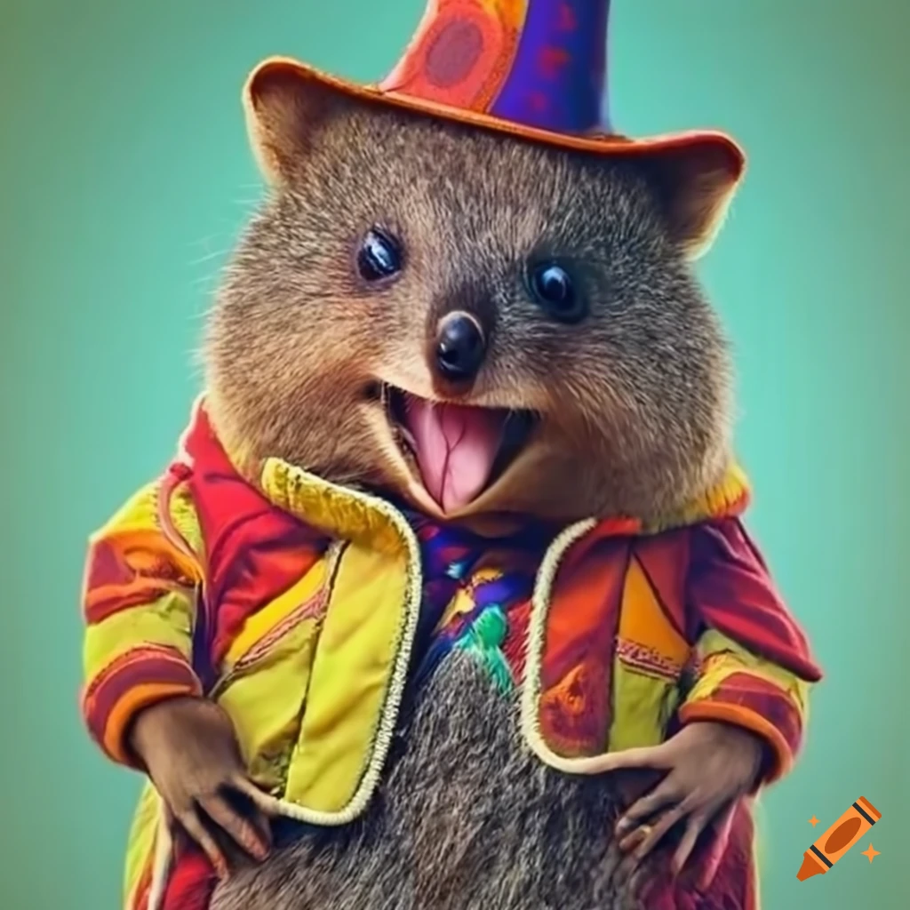 Magical quokka in colorful wizard attire laughing on Craiyon
