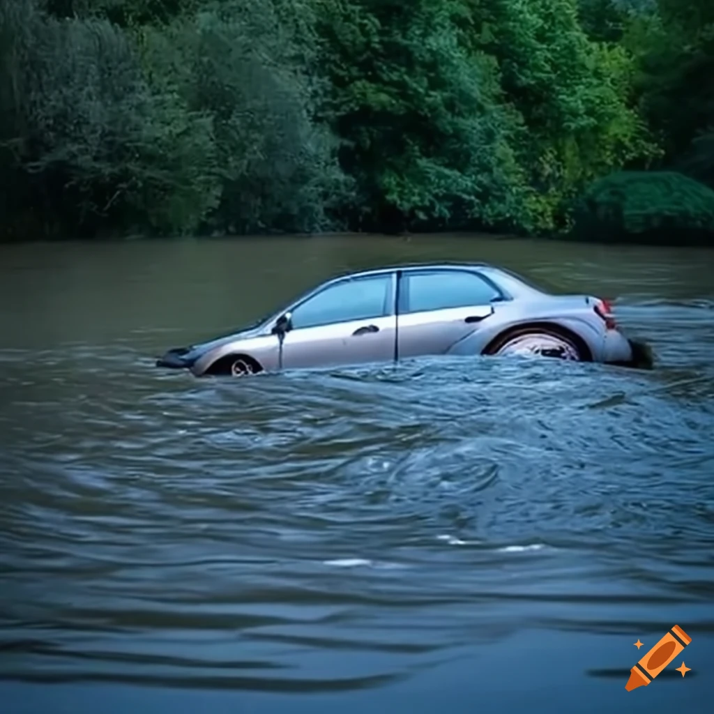 Car sinking in river with only roof visible near the border on Craiyon