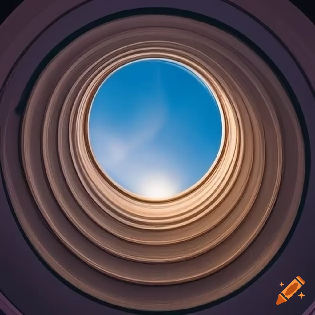 Circular building with open central tower in an architectural rendering ...