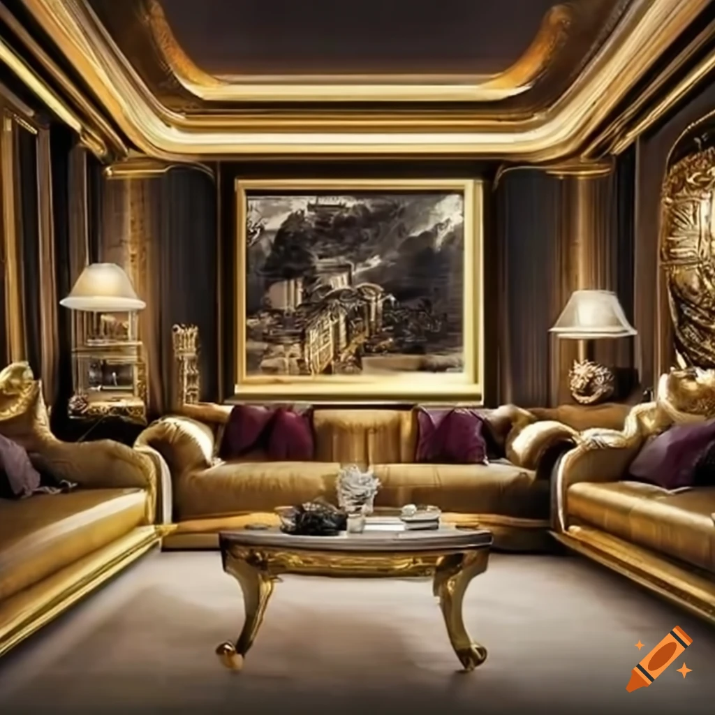 Living room filled with luxurious golden furniture on Craiyon