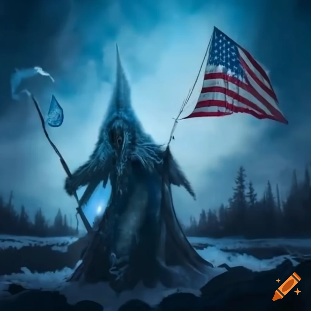 Auril the frostmaiden flying with an american flag on Craiyon