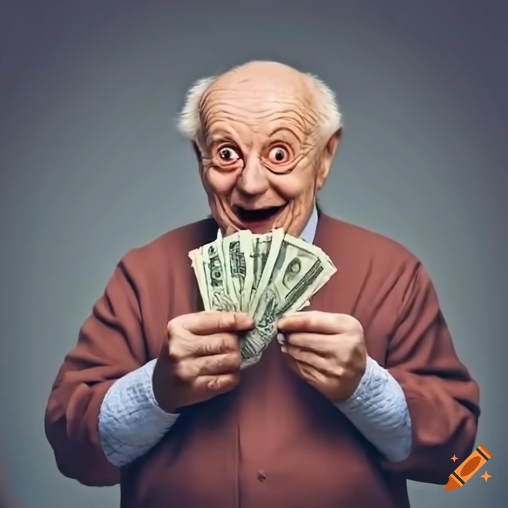 Happy and surprised old man holding a lot of money bills on Craiyon