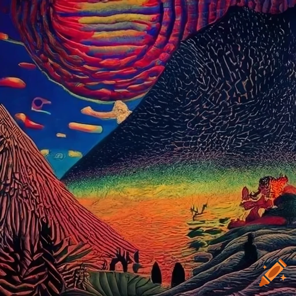 Trippy acid landscape with hawks and nonbinary human, inspired by ...