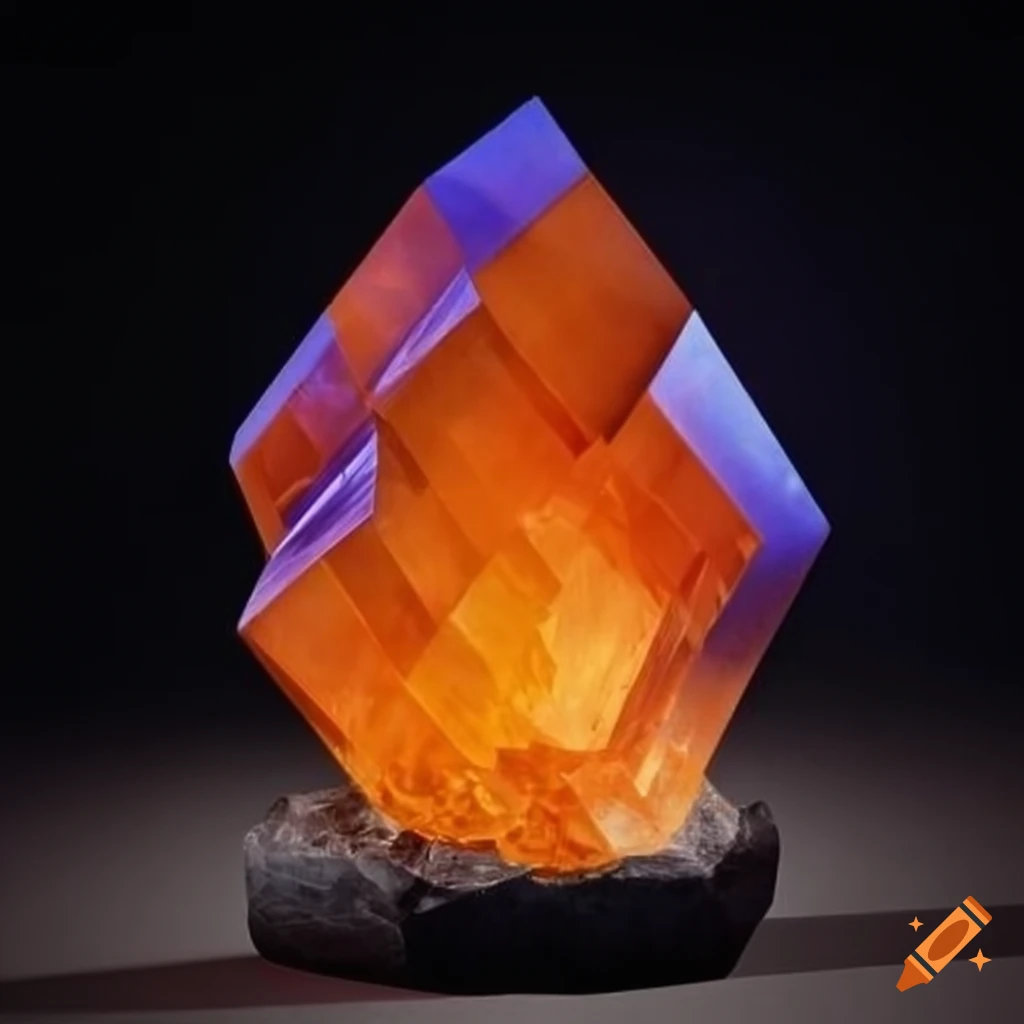 Vibrant blue and orange crystal structure on a dark basalt rock base on ...