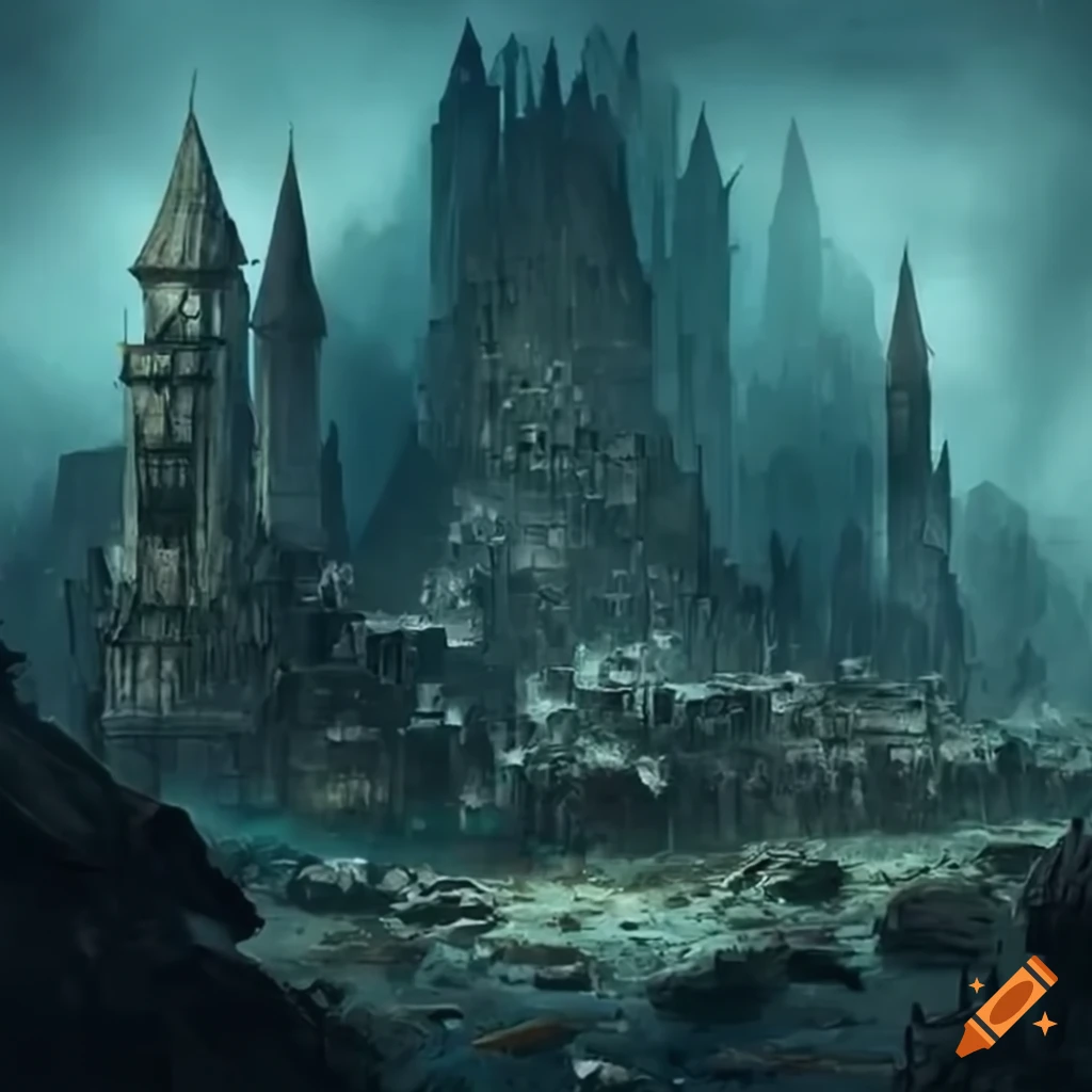 Dark fantasy city of Latherna built on a mountainside with walls and ...