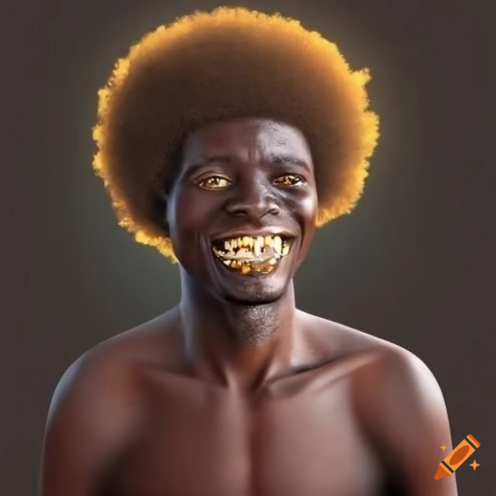 African man with afro hairstyle and golden teeth on Craiyon