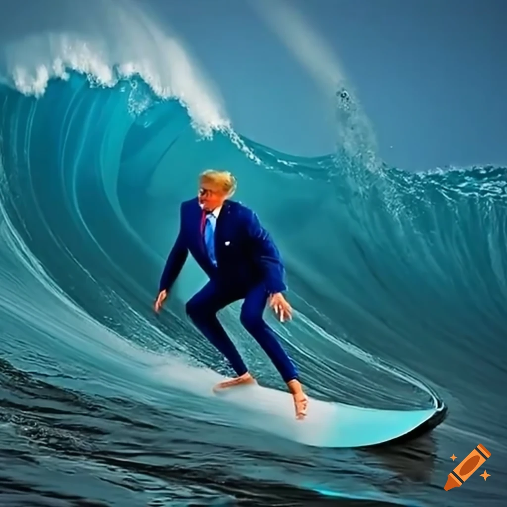 President trump surfing a big wave in a blue suit on Craiyon