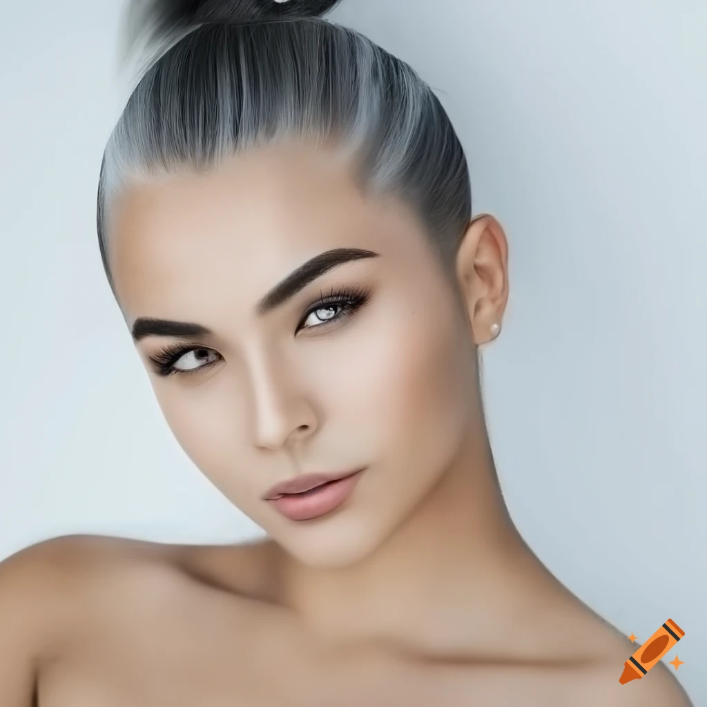 Portrait of a beautiful 25-year-old with long white ponytail and sultry expression on Craiyon