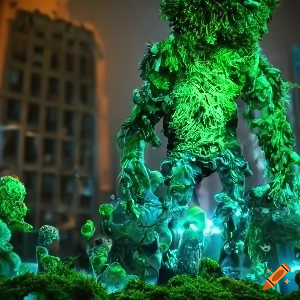 Glowing biopunk cityscape with green moss, plants, mushrooms, and ...
