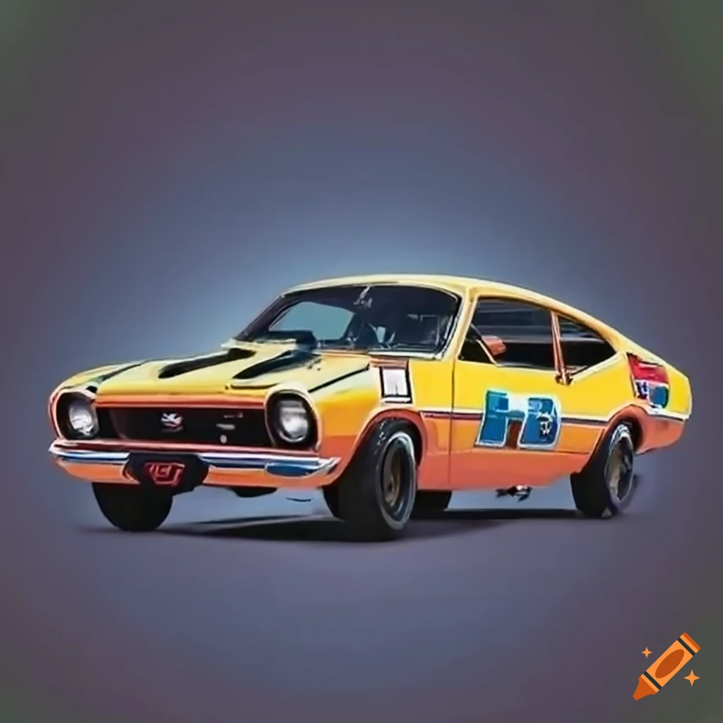 1976 Ford Maverick racing on a speedway track with Maverick logo on the ...