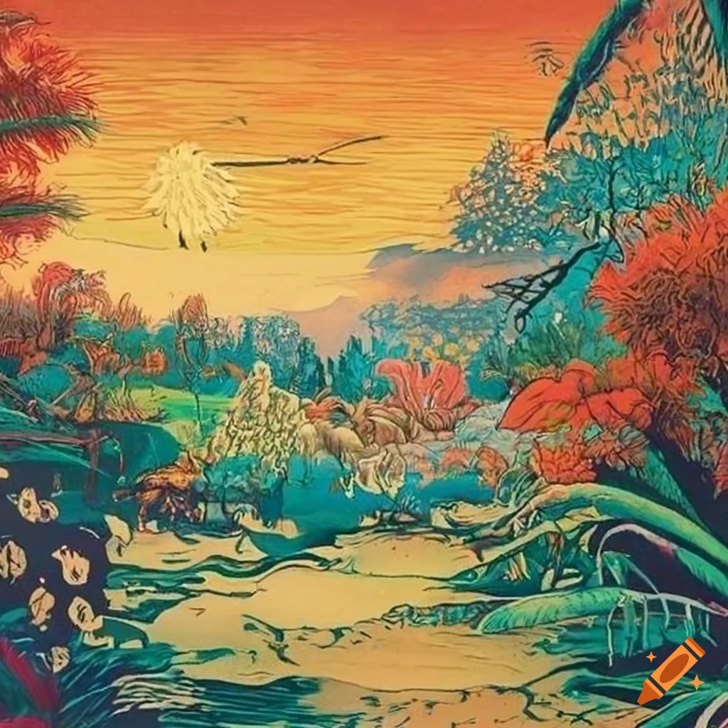 William Stout serigraph of dusk in The Garden of Eden depicting a ...