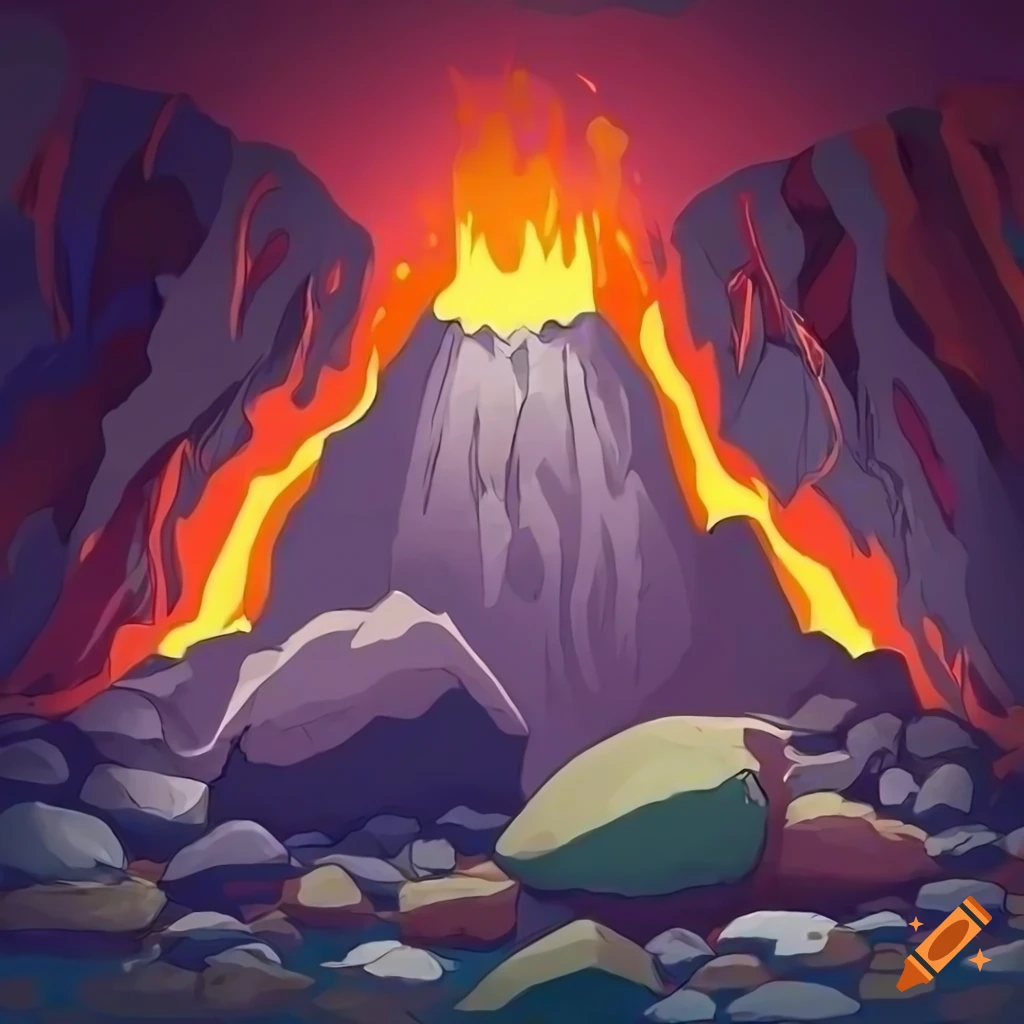 Volcano cave with rocks blocking entrance in anime art style on Craiyon