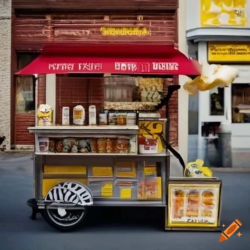 Food cart serving lemonade, iced coffee, and croissant in front of ...