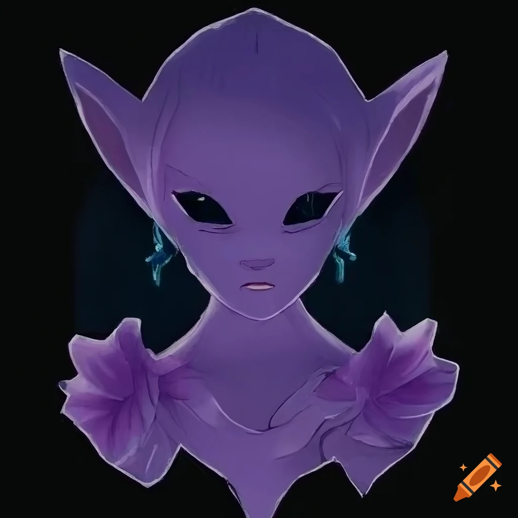 Detailed depiction of an elf-like alien with lavender, pink, and blue ...