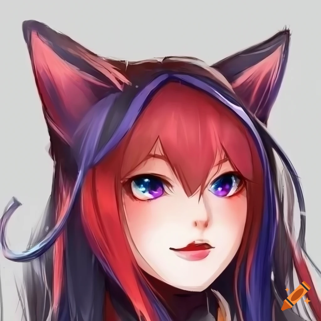 Neko girl with red hair and purple streaks, pale skin, and purple lipstick on Craiyon