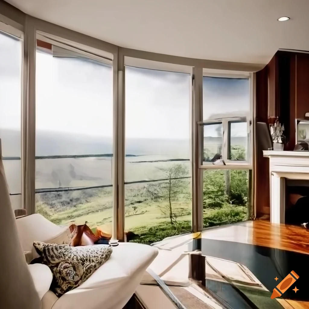 Bright living room with modern interior and panoramic windows ...