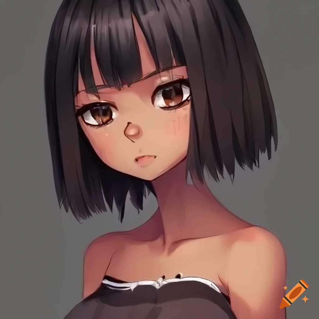 Grumpy anime girl with short black hair, dark skin, and freckles on Craiyon
