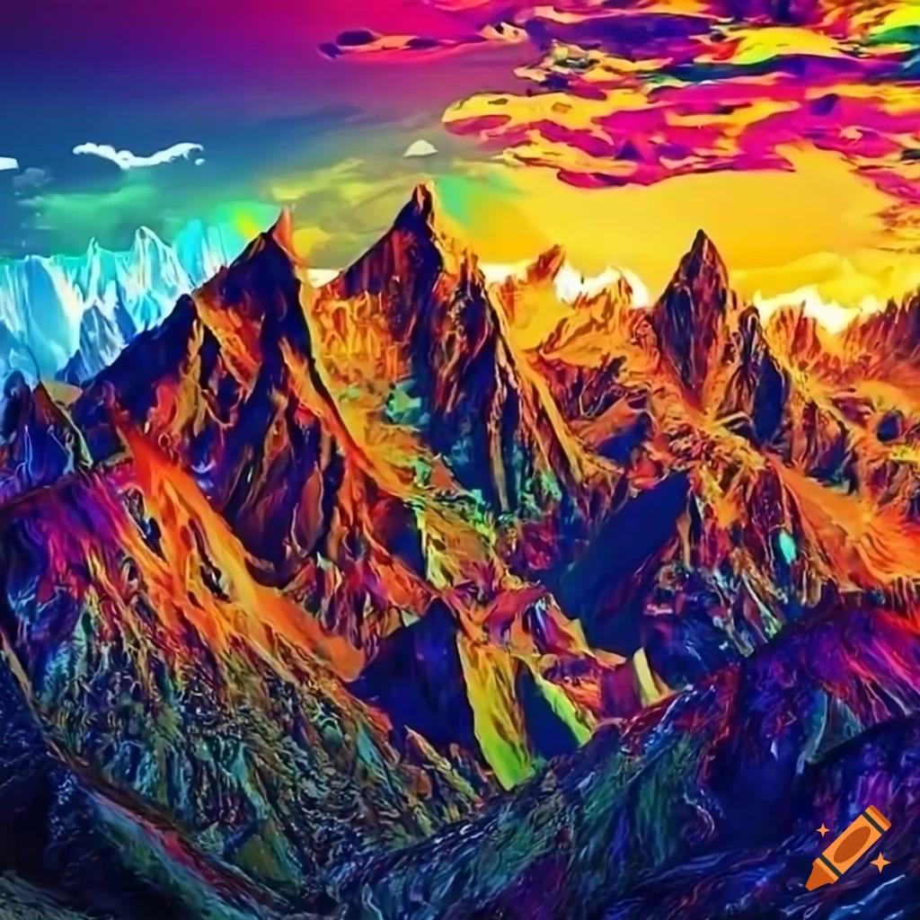 Acid and trippy mountain landscape with hawks in 4k resolution on Craiyon