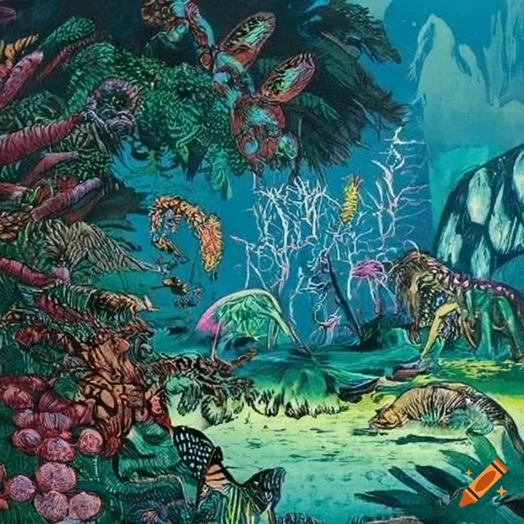 William stout serigraph of dusk in the garden of eden, depicting a ...