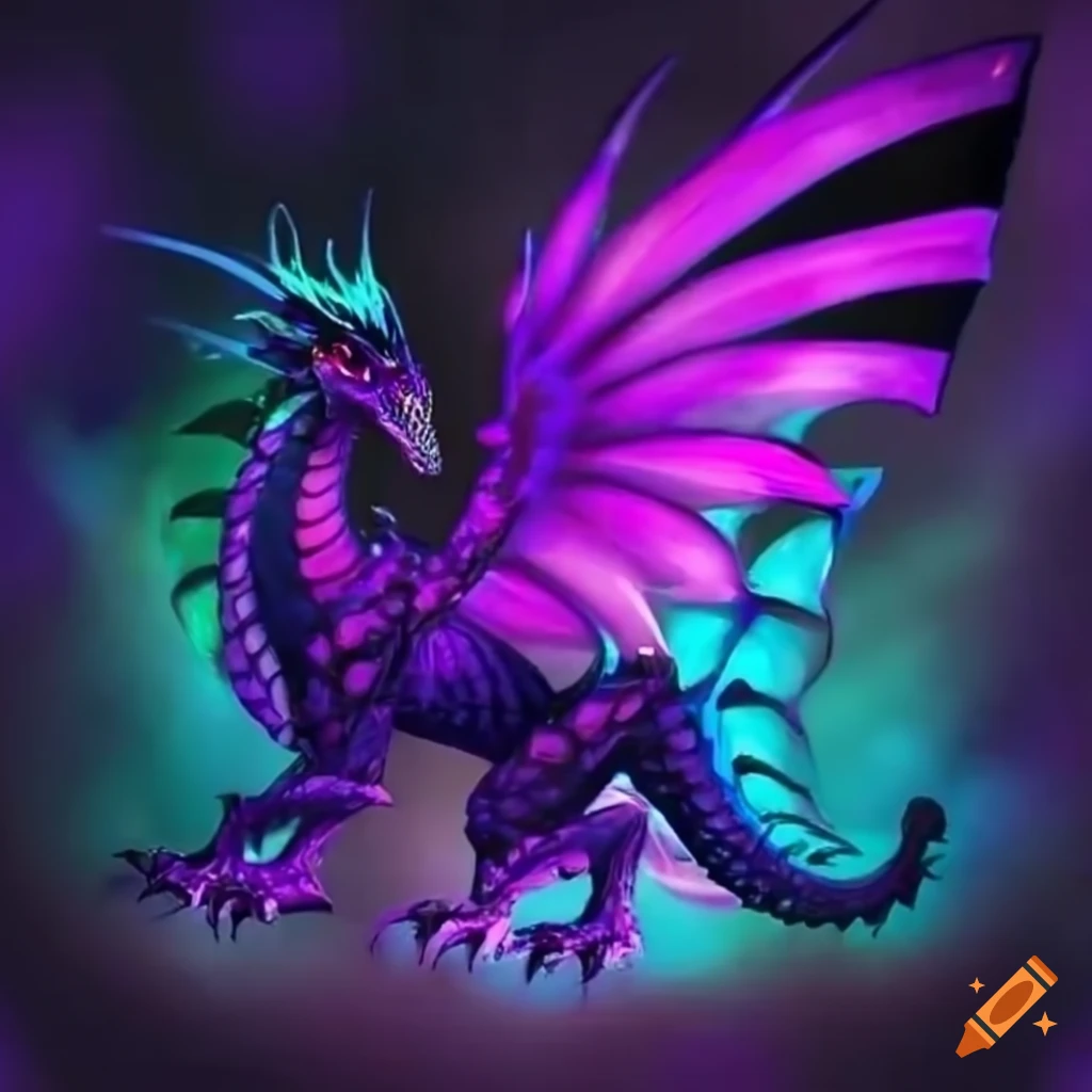 Vibrant purple dragon at a mythical rave party on Craiyon