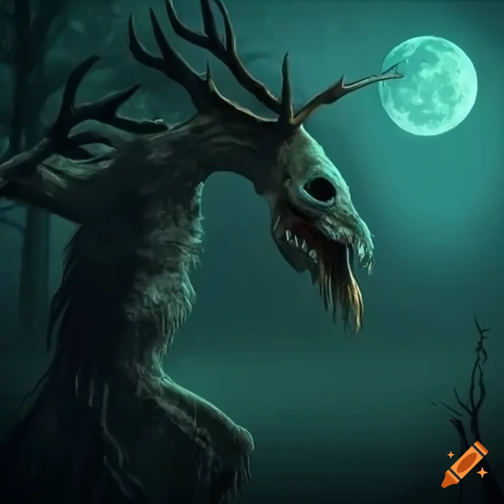 Dark forest with a wendigo showing its teeth under the moonlight on Craiyon
