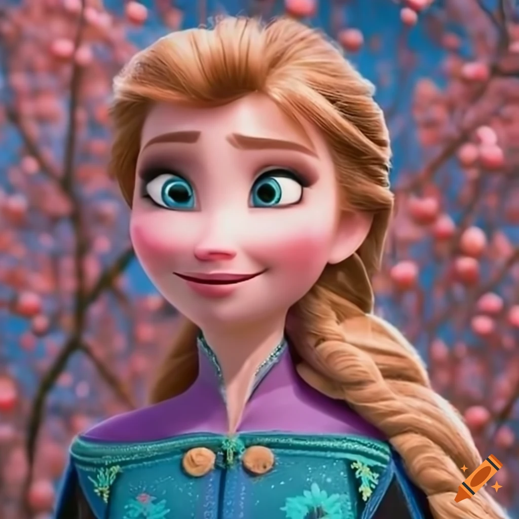 Anna from frozen near a beautiful fruit tree on Craiyon