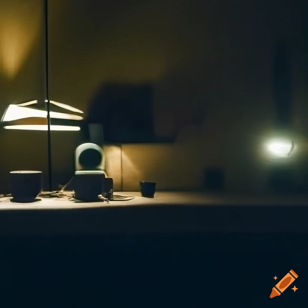 Illuminated solid objects on a table in an old dark hotel room with ...