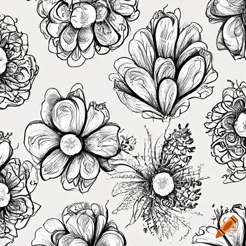 Delicate and intricate drawing of various flowers in light pastel ...