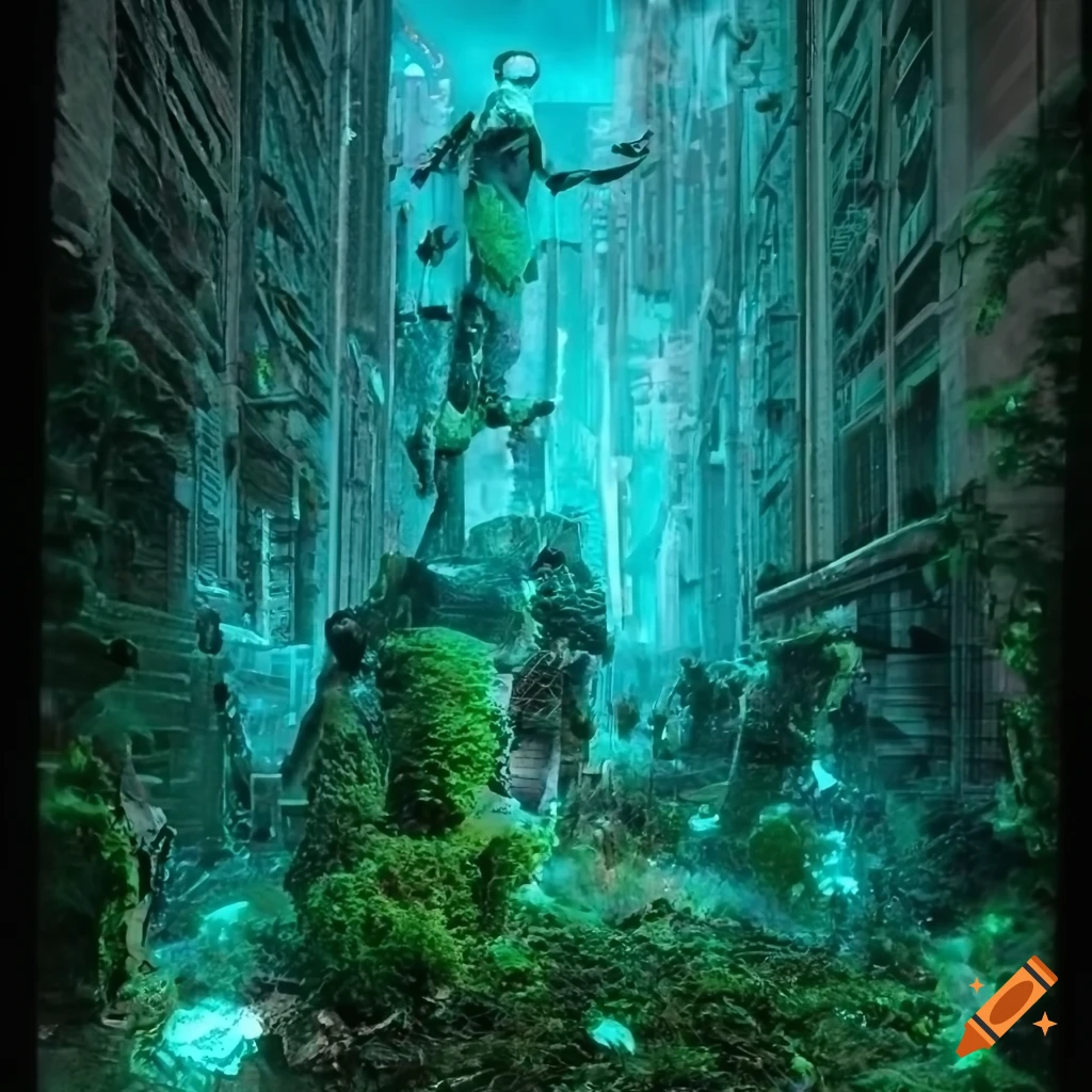 Biopunk cityscape with moss, plants, mushrooms, and cyborg mutant omega ...
