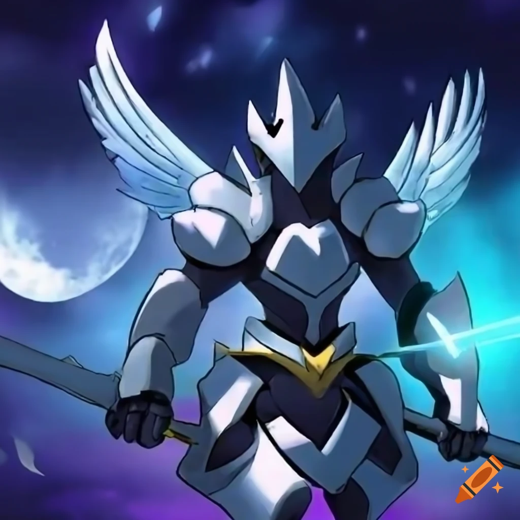 Angelic knight armored pokemon in battle mode against moon background ...