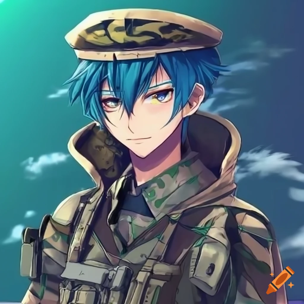 Blue-haired adult boy as anime soldier on Craiyon