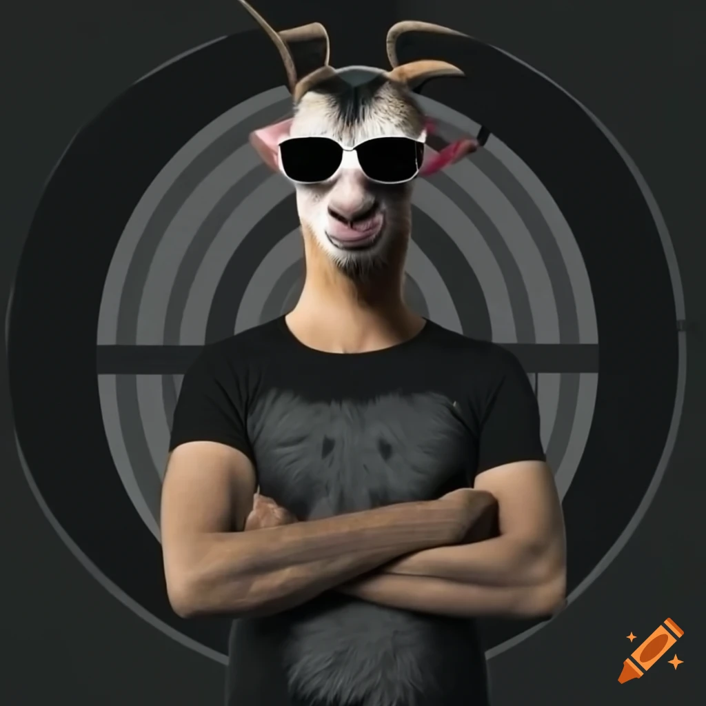 Confident goat in black T-shirt and sunglasses standing in front of a ...