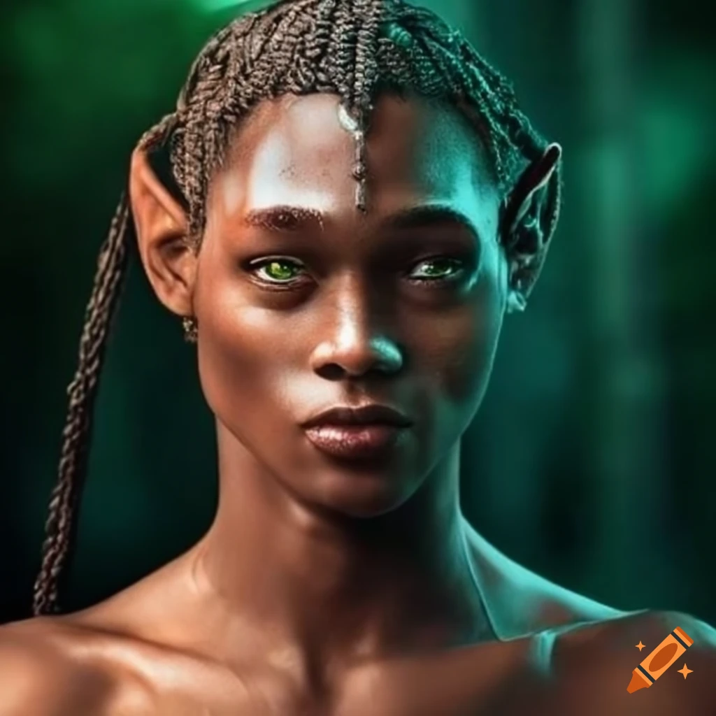 Ebony-skinned elf man with braids and green eyes on Craiyon