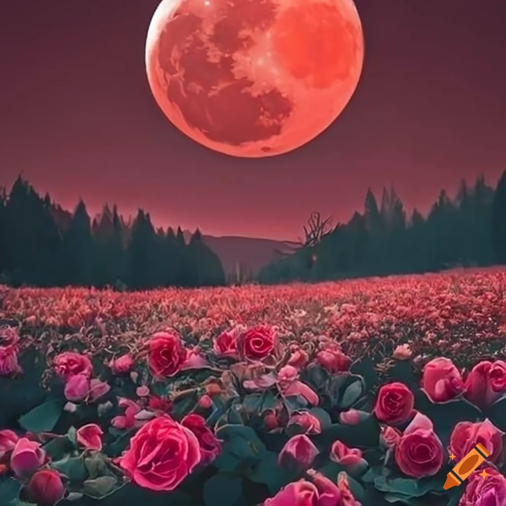 Blood moon over a landscape of roses on Craiyon