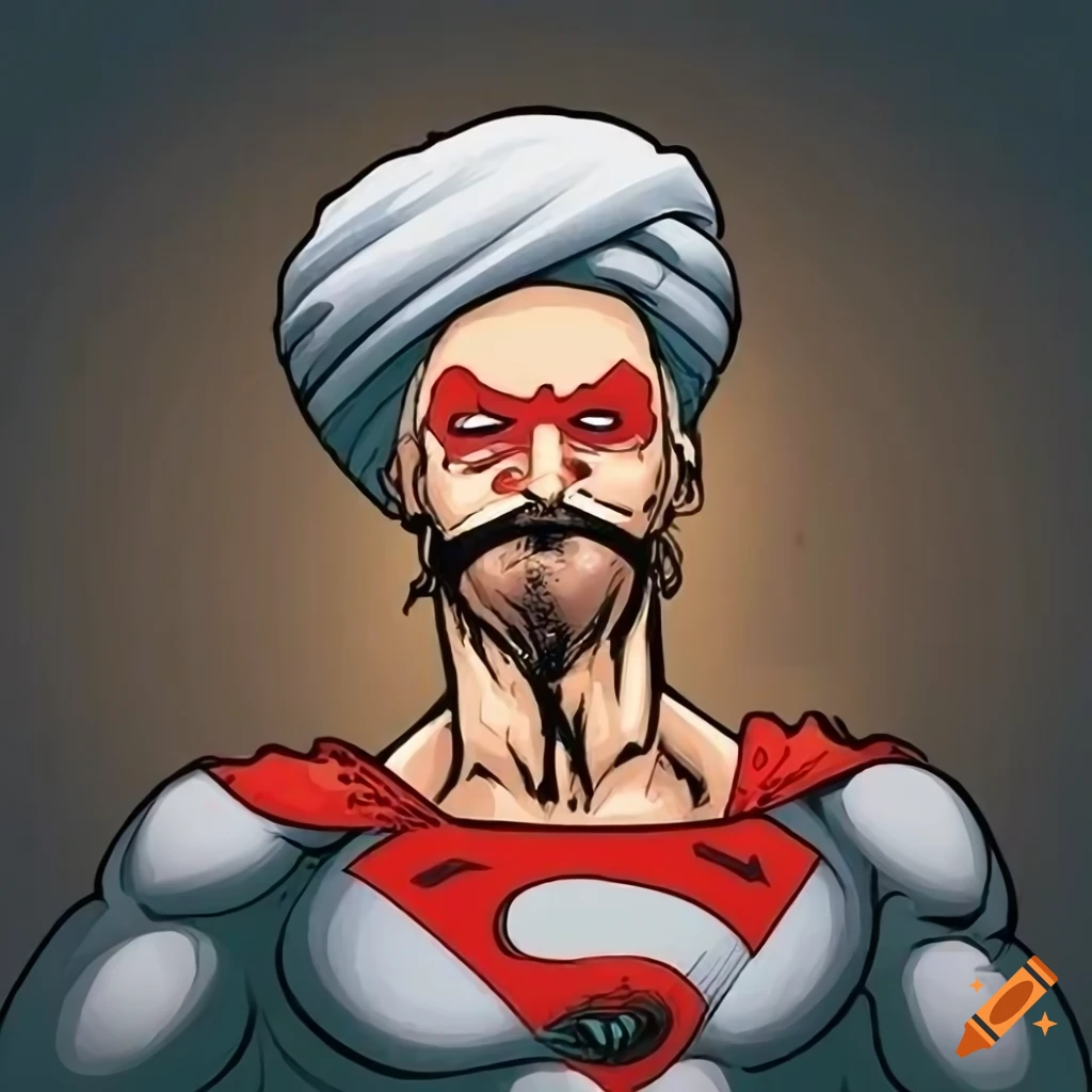 Comic illustration of an Ottoman superhero with a mustache and white ...