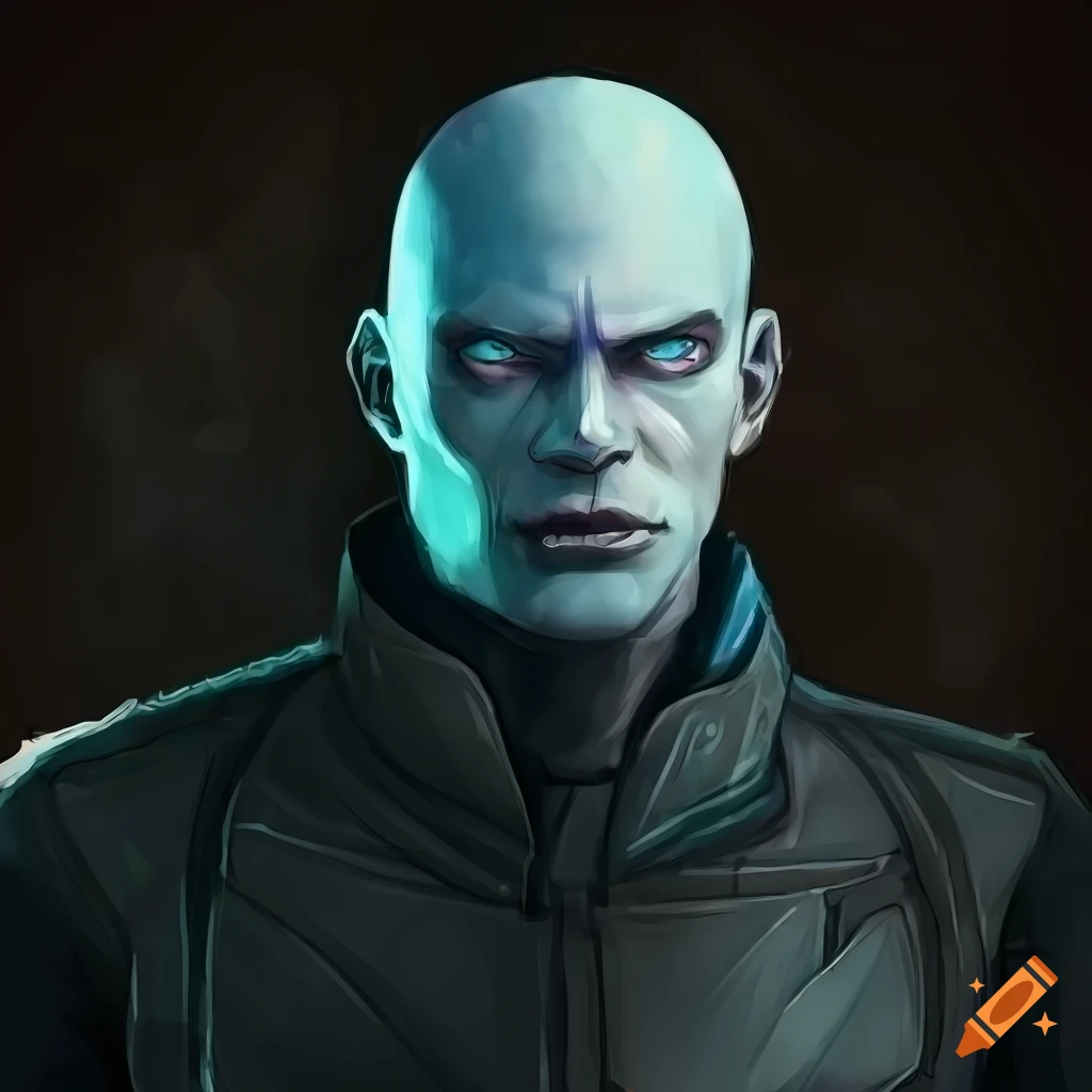 Sci-fi fantasy race with blue skin and thin eyes in a black jacket on ...