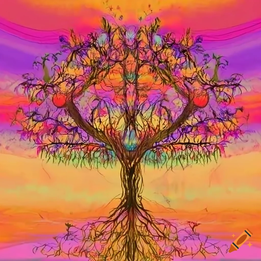 Blooming tree with interconnected roots in front of a colorful sunset ...