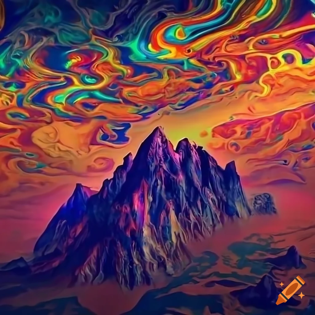 Acid trippy mountain landscape with hawks in 4k resolution on Craiyon