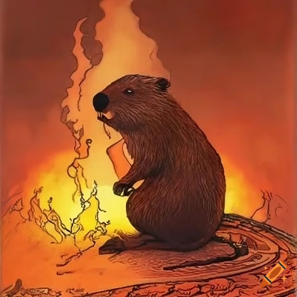 Fire-breathing beaver made of flames burning a tree in surreal sci-fi ...