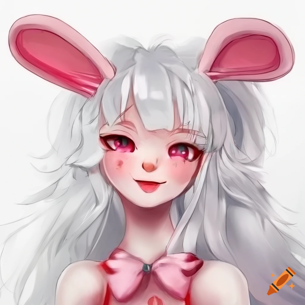Anthropomorphic cute bunny girl with white hair and pink eyes on Craiyon