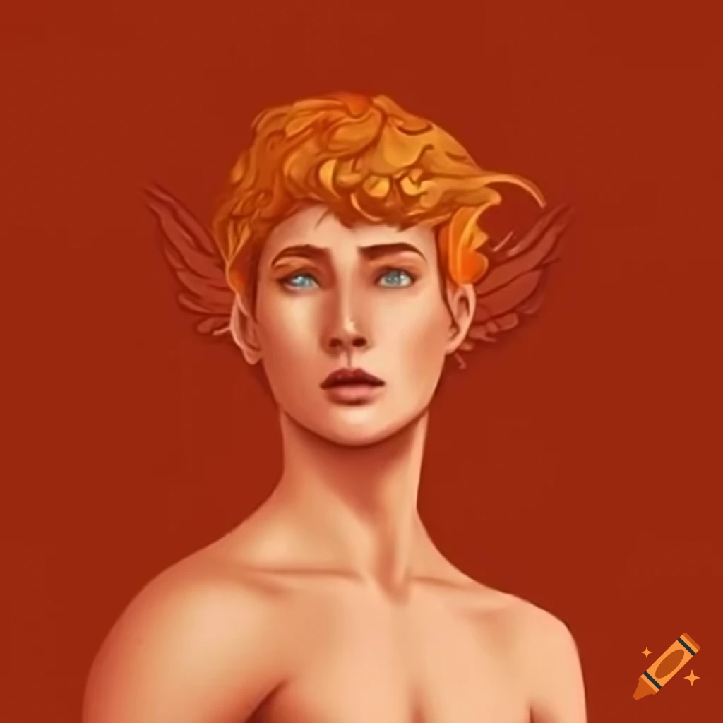 Ginger male mythological angel with fiery wings and shining armor on ...