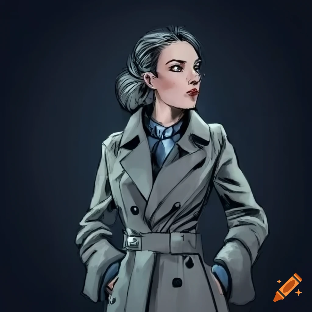 Woman in grey trench coat in a detective comic book scene on Craiyon