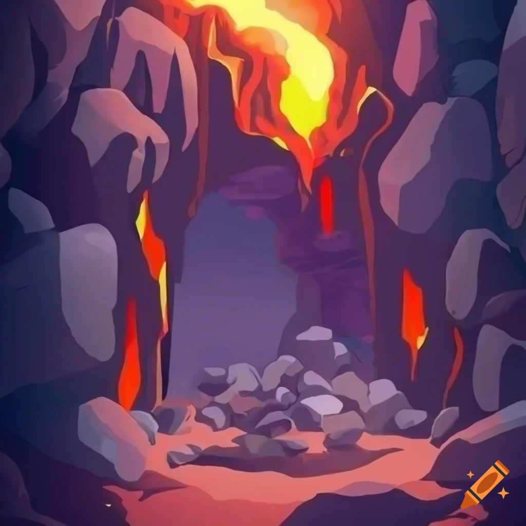 Volcano cave with rocks blocking entrance in anime art style on Craiyon