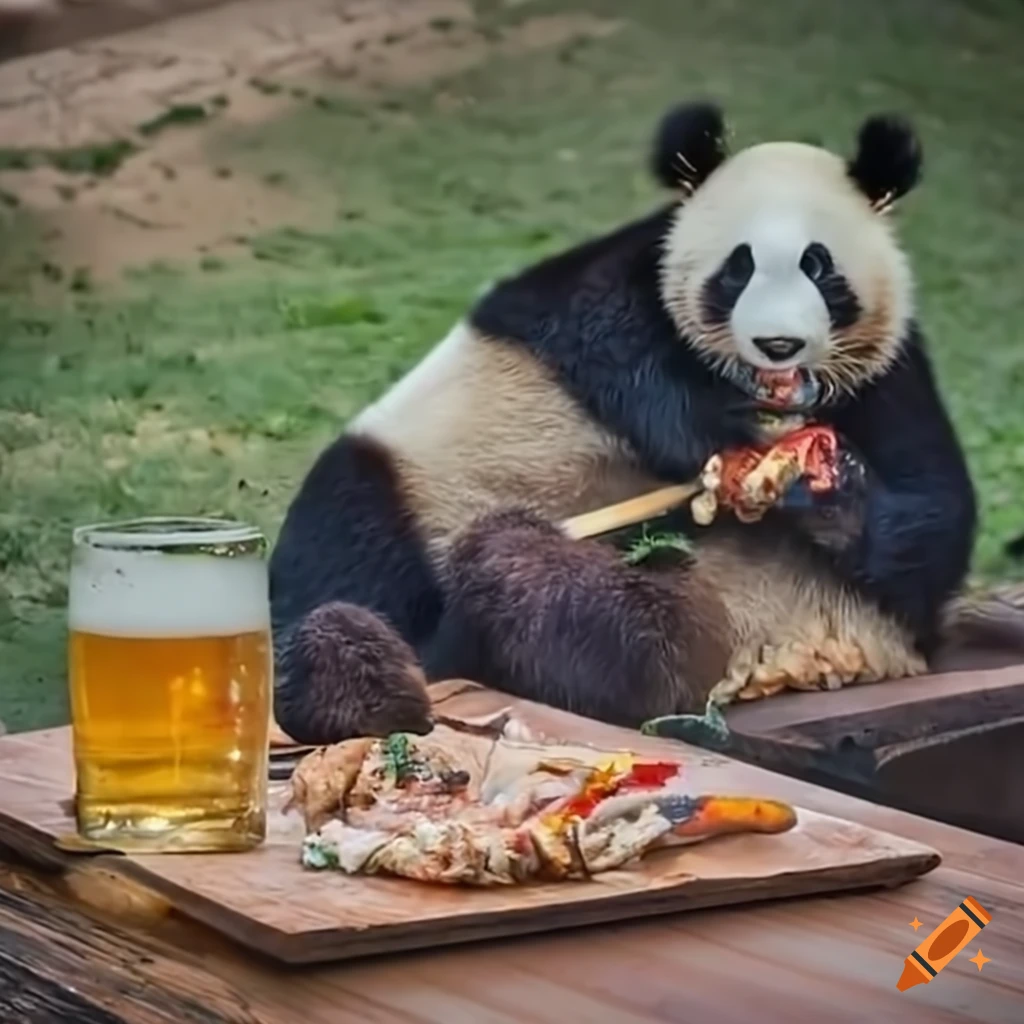 Pandas enjoying kebabs and beer on Craiyon