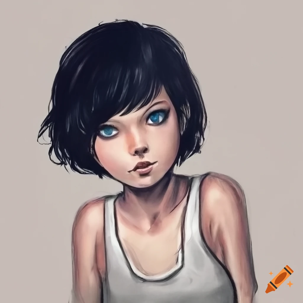 Comic Book Girl With Black Hair And Blue Eyes In A White Basketball