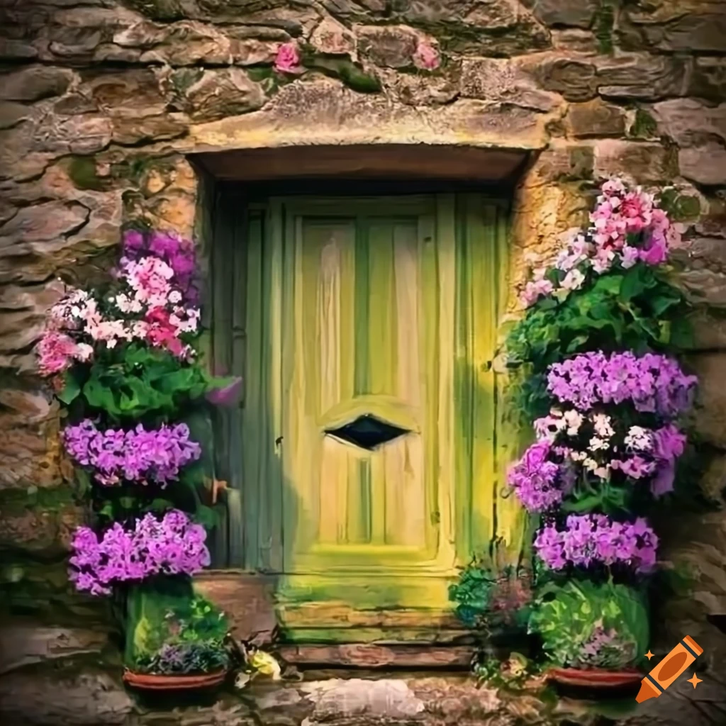 Old stone english cottage with flowers around on Craiyon