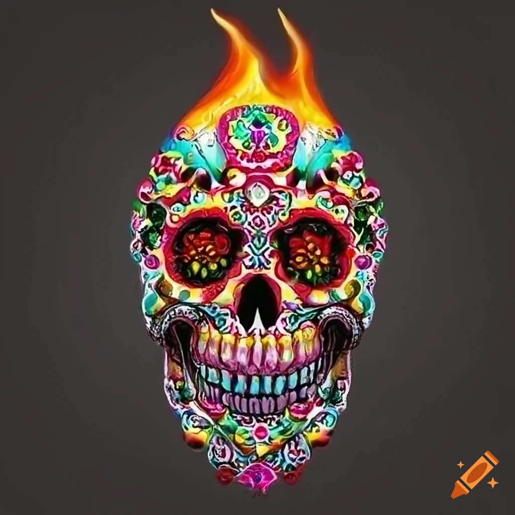 Intricately decorated sugar skull with carolina reaper chilli pepper ...