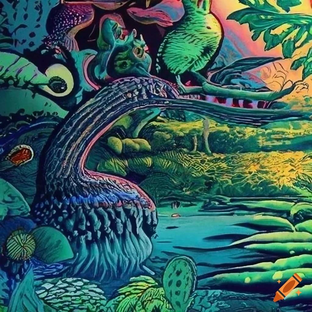 William stout serigraph of dusk in the garden of eden, depicting a ...