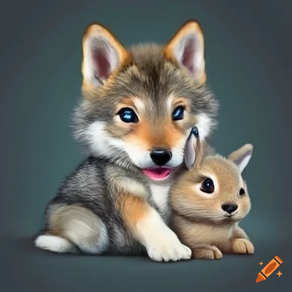 Wolf puppy and rabbit showing affection on Craiyon